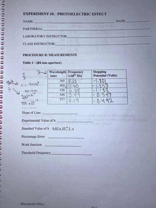 Solved EXPERIMENT 10. PHOTOELECTRIC EFFECT NAME: DATE: | Chegg.com