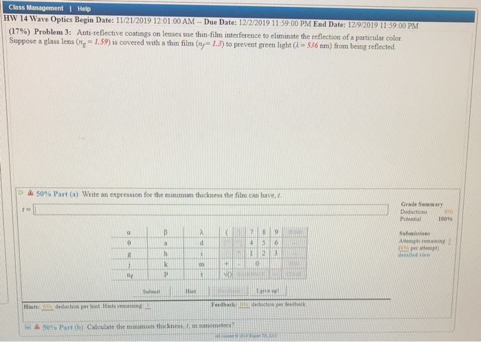 Solved Class Management | Help HW 14 Wave Optics Begin Date: | Chegg.com