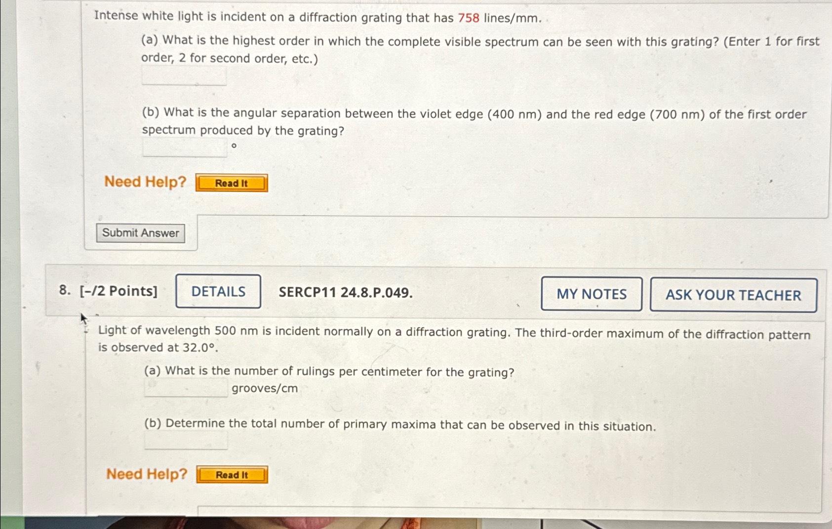 Solved Intense white light is incident on a diffraction | Chegg.com