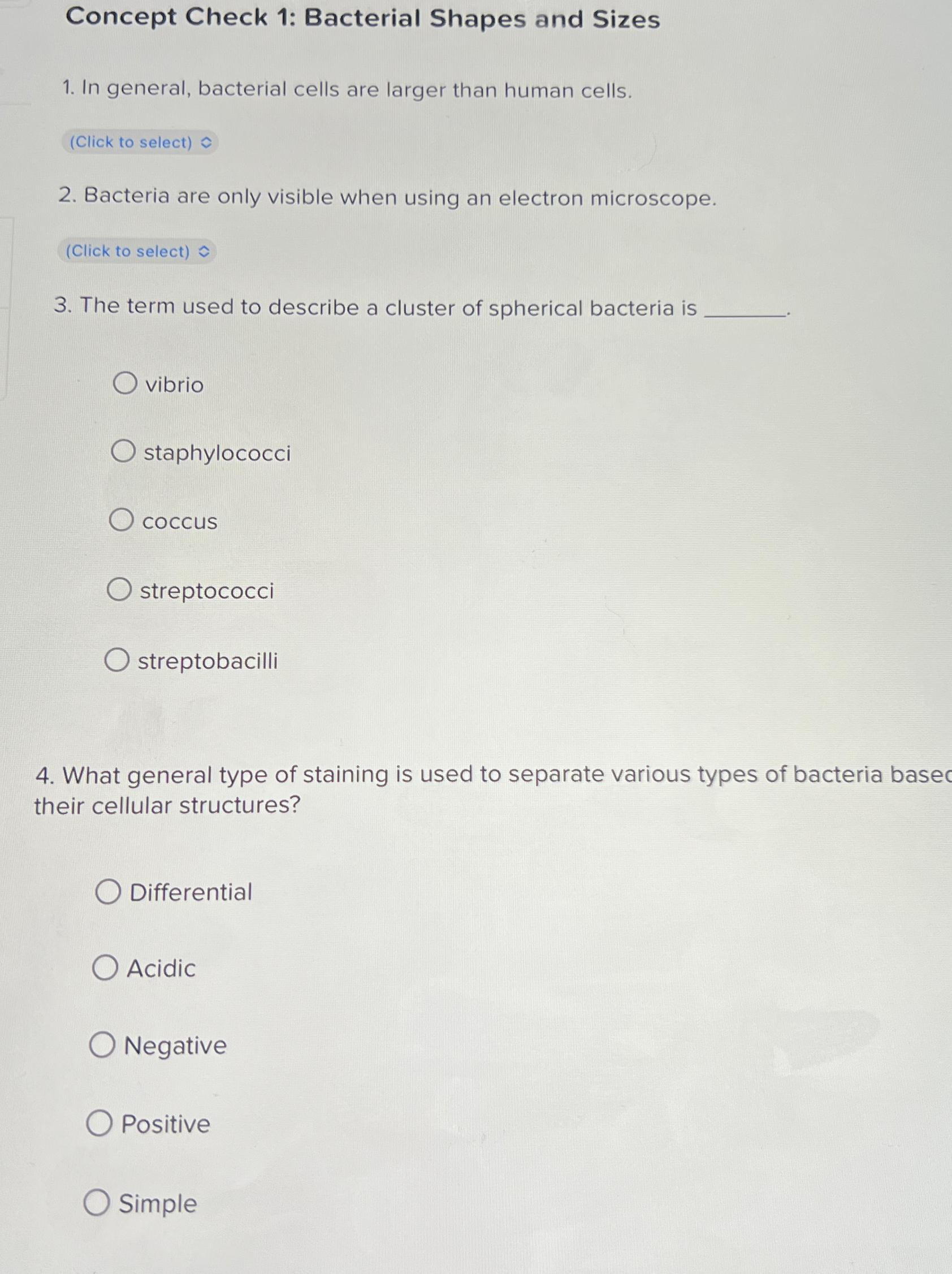Solved Concept Check 1: Bacterial Shapes and SizesIn | Chegg.com