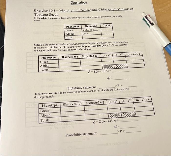 Solved Exercise 10.1-Monohybrid Crosses and Chlorophyll | Chegg.com