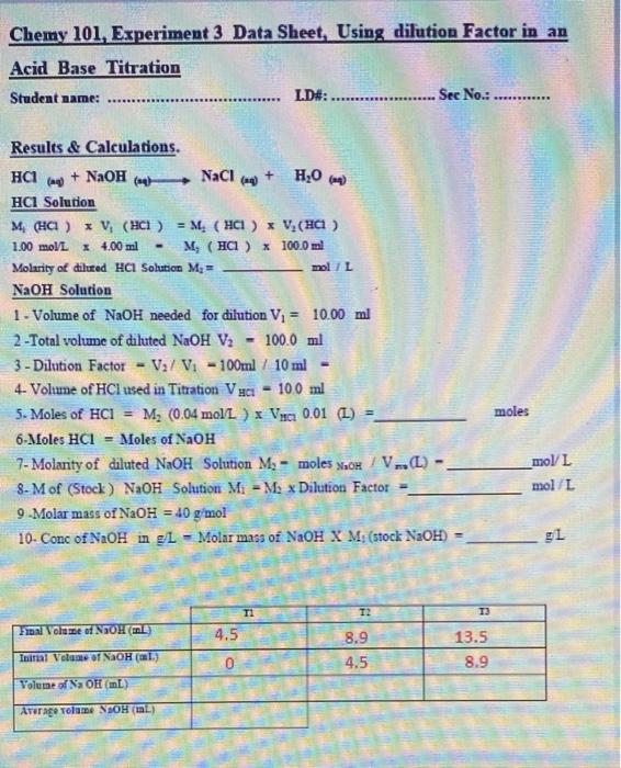 Solved Chemy 101, Experiment 3 Data Sheet, Using dilution | Chegg.com