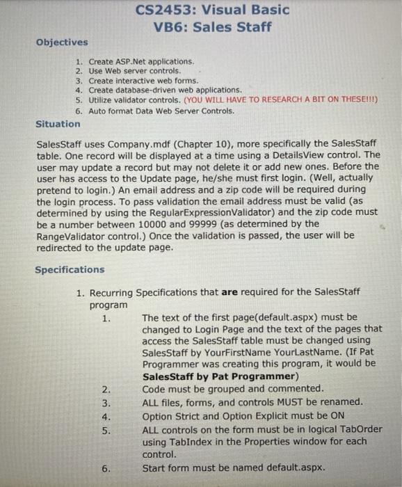 Solved CS2453: Visual Basic VB6: Sales Staff Objectives 1. | Chegg.com