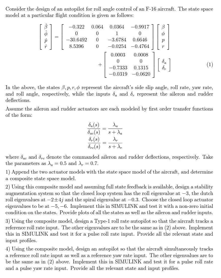 Consider the design of an autopilot for roll angle | Chegg.com