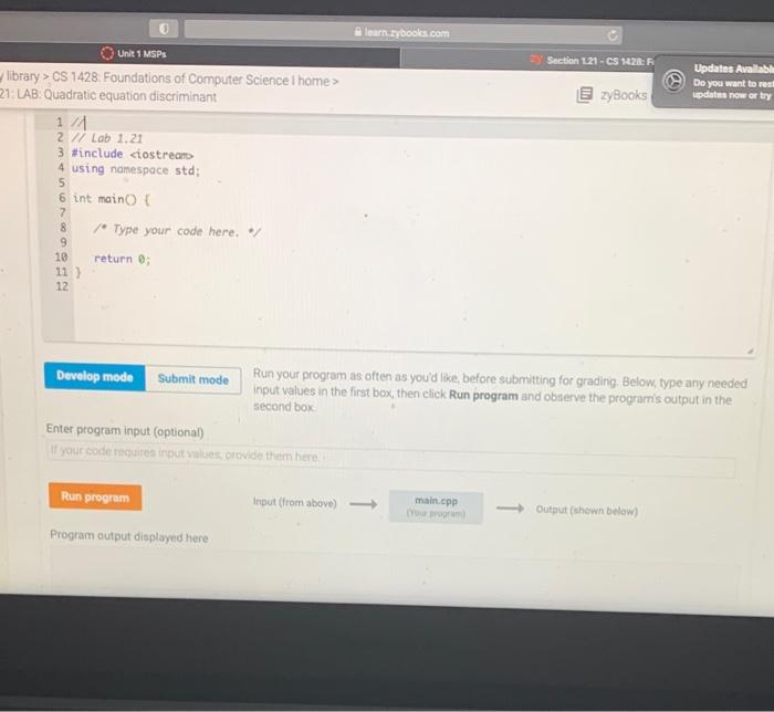 Solved con discriminant zyBooks 1.21 LAB: Quadratic equation | Chegg.com
