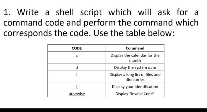Solved 1. Write a shell script which will ask for a command | Chegg.com
