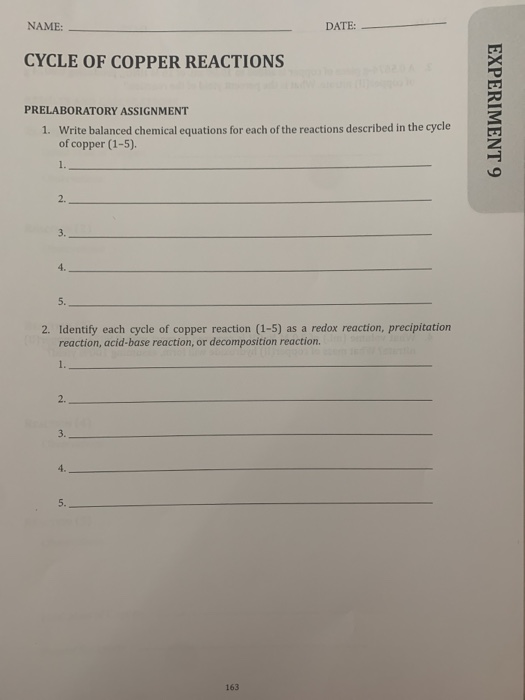 Solved NAME: DATE: CYCLE OF COPPER REACTIONS PRELABORATORY | Chegg.com