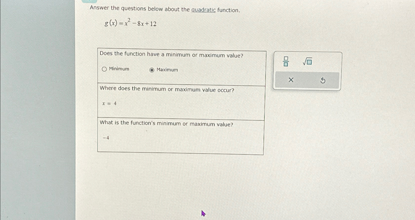 Solved Answer the questions below about the quadratic | Chegg.com