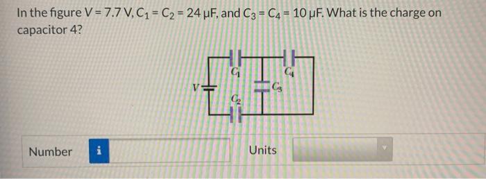 Solved In the figure V = 7.7 V,C1=C2 = 24 uF, and C3 = C4 = | Chegg.com