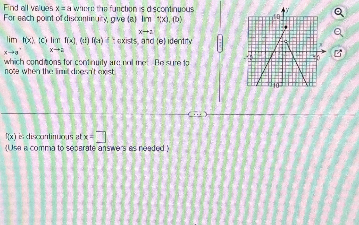 Solved Find all values x=a where the function is | Chegg.com