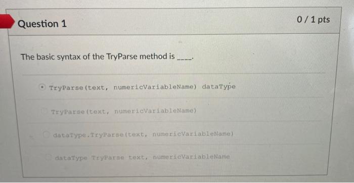 Solved Question 1 0/1 pts The basic syntax of the TryParse | Chegg.com