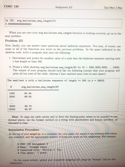 COSC 120 Assignment #2 Due Mon 2 Mar Problem 2A | Chegg.com
