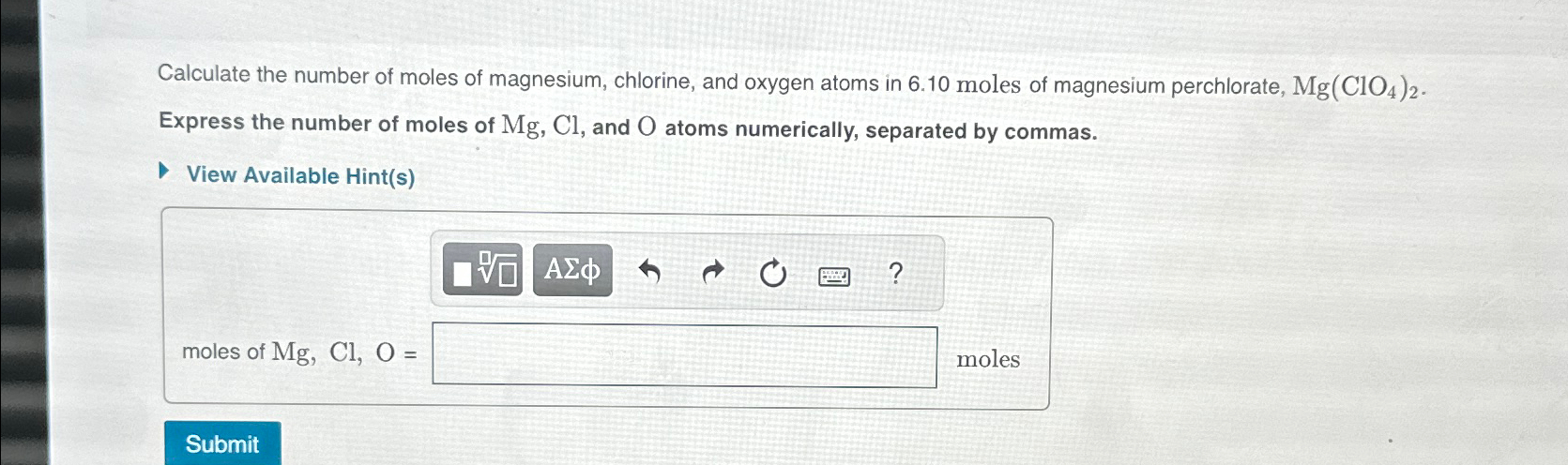 Solved Calculate the number of moles of magnesium, chlorine, | Chegg.com
