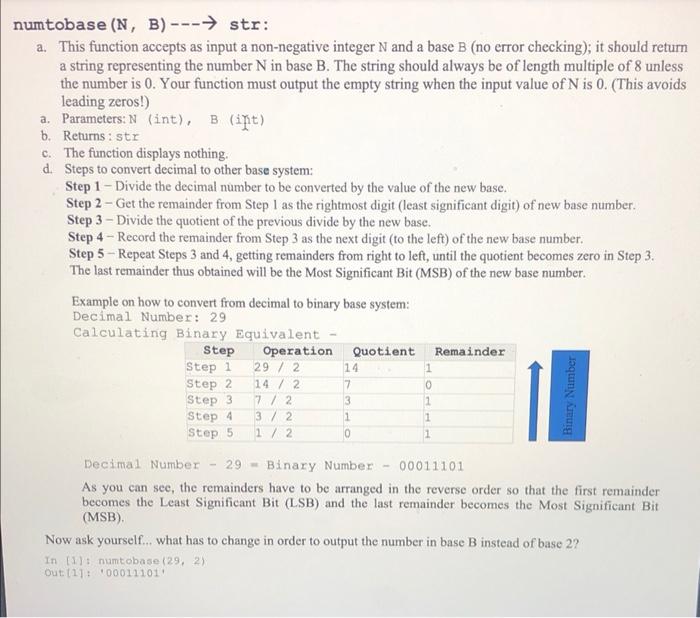 Solved Iumtobase (N,B)−−→ str: a. This function accepts as | Chegg.com