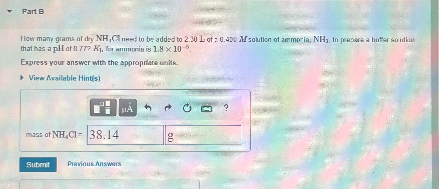 Solved Part BHow many grams of dry NH4Cl ﻿need to be added | Chegg.com