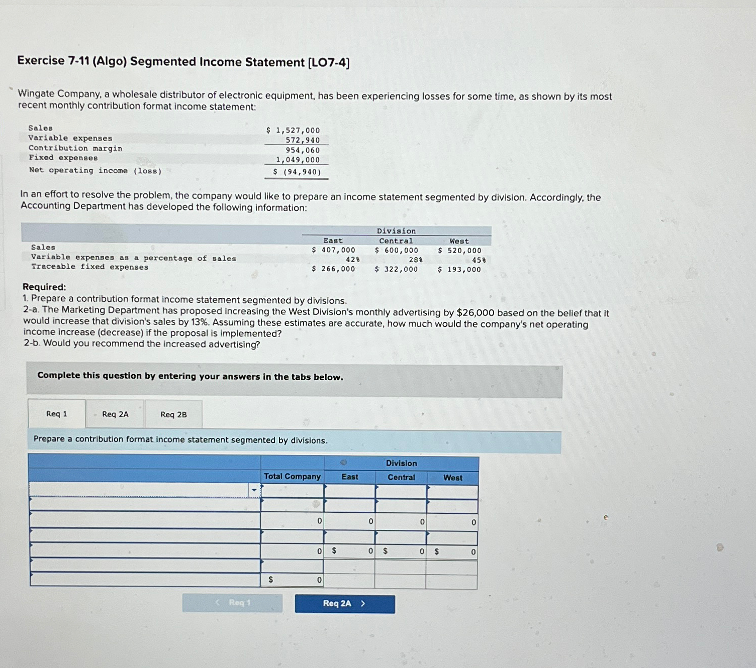 Solved Exercise 7-11 (Algo) ﻿Segmented Income Statement | Chegg.com