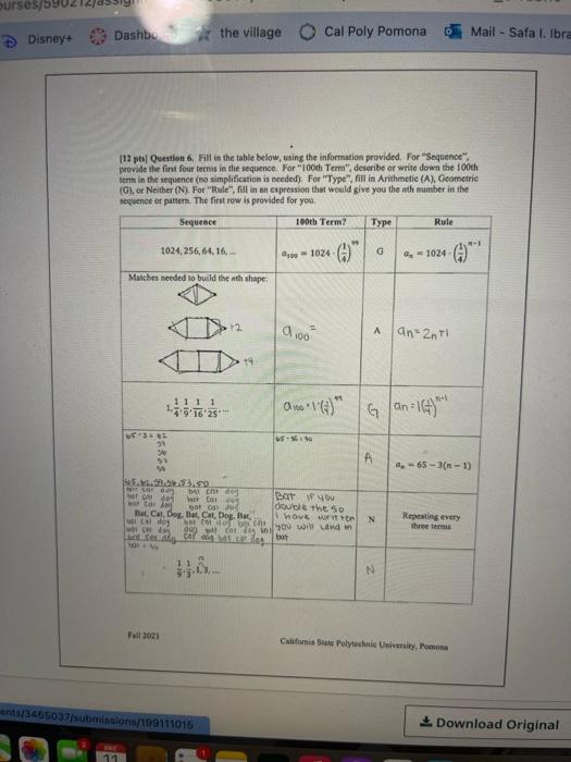 Solved 112 pta| Quetilen 6. Fill is the table below, using | Chegg.com