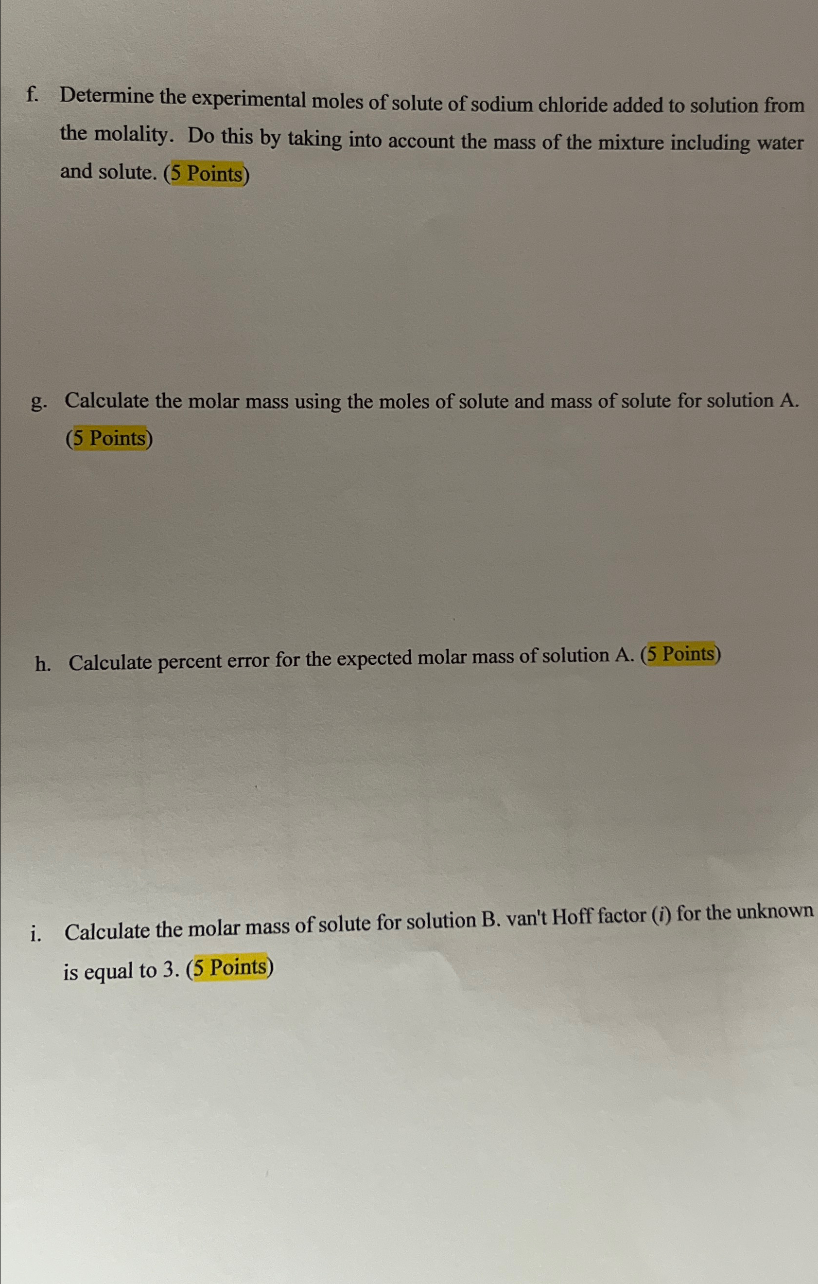 Solved f. ﻿Determine the experimental moles of solute of | Chegg.com