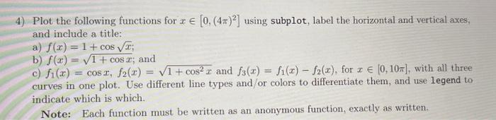 Solved 4) Plot the following functions for x∈[0,(4π)2] using | Chegg.com