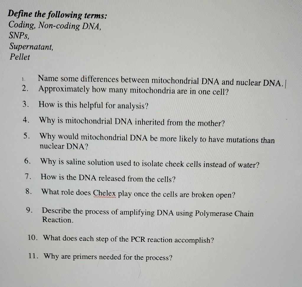 Solved Define the following terms: Coding, Non-coding DNA, | Chegg.com