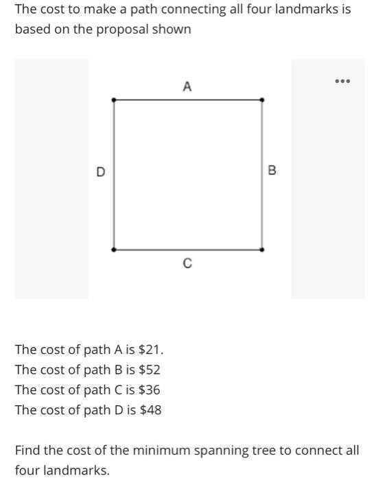 Solved The cost to make a path connecting all four landmarks | Chegg.com