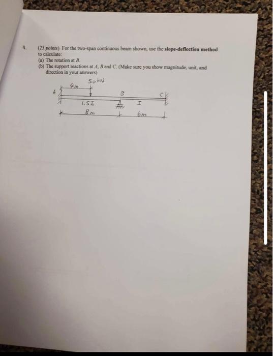 Solved 4. (25 points) For the two-span continuous beam | Chegg.com