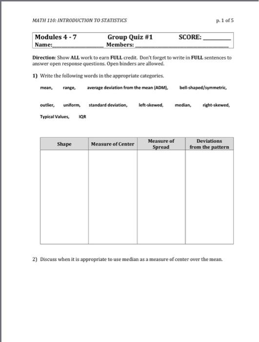 Solved MATH 110: INTRODUCTION TO STATISTICS p. 1 of 5 | Chegg.com