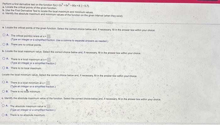 Solved Perform a frst derivative test on the function | Chegg.com
