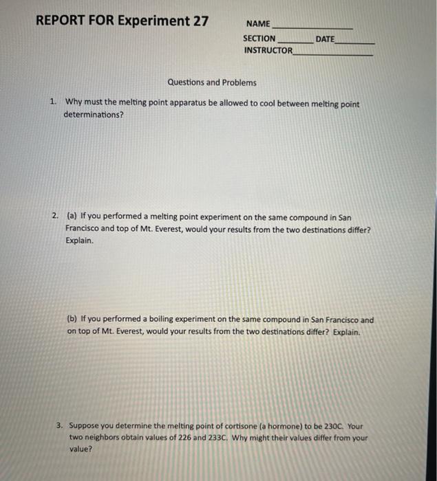 Solved REPORT FOR Experiment 27 NAME DATE SECTION INSTRUCTOR | Chegg.com