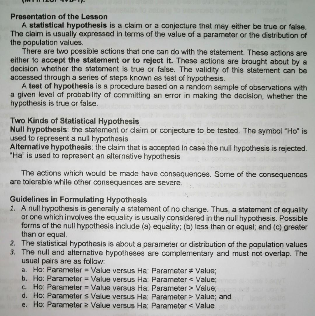 Solved Presentation of the Lesson A statistical hypothesis | Chegg.com