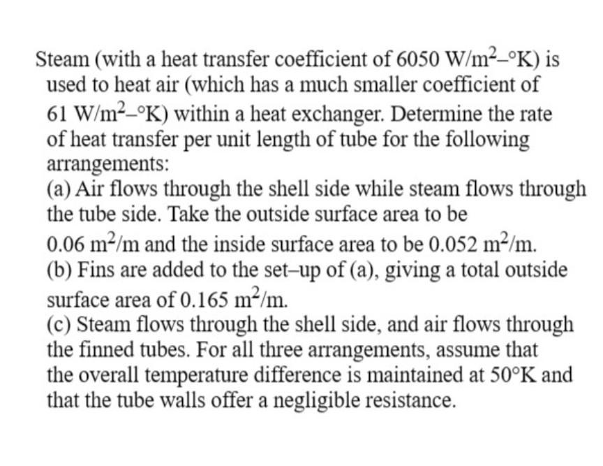Solved Steam (with a heat transfer coefficient of 6050 | Chegg.com