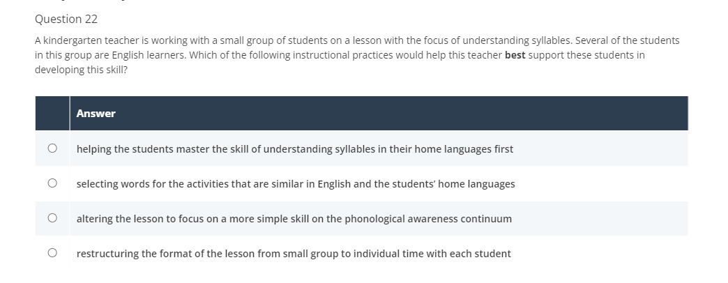 Solved Question 22A kindergarten teacher is working with a | Chegg.com