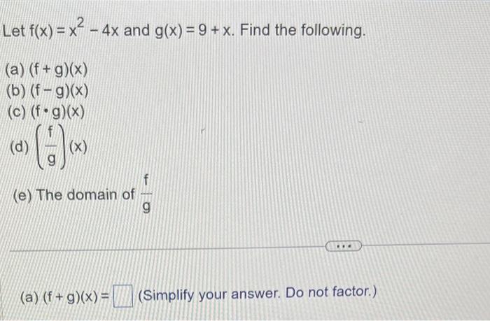 Solved Let f(x)=2x−6 and g(x)=7−x. Find the following (a) | Chegg.com