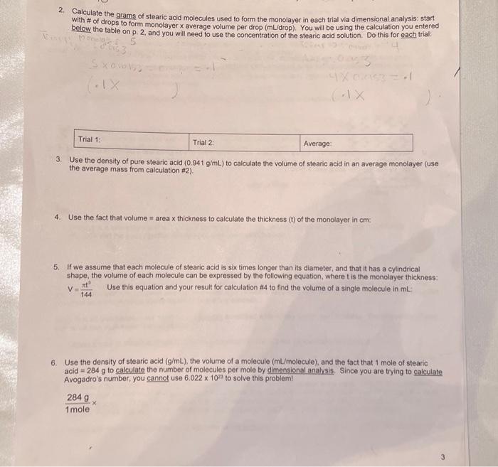 Solved 2. Calculate the grams of stearic acid molecules used | Chegg.com