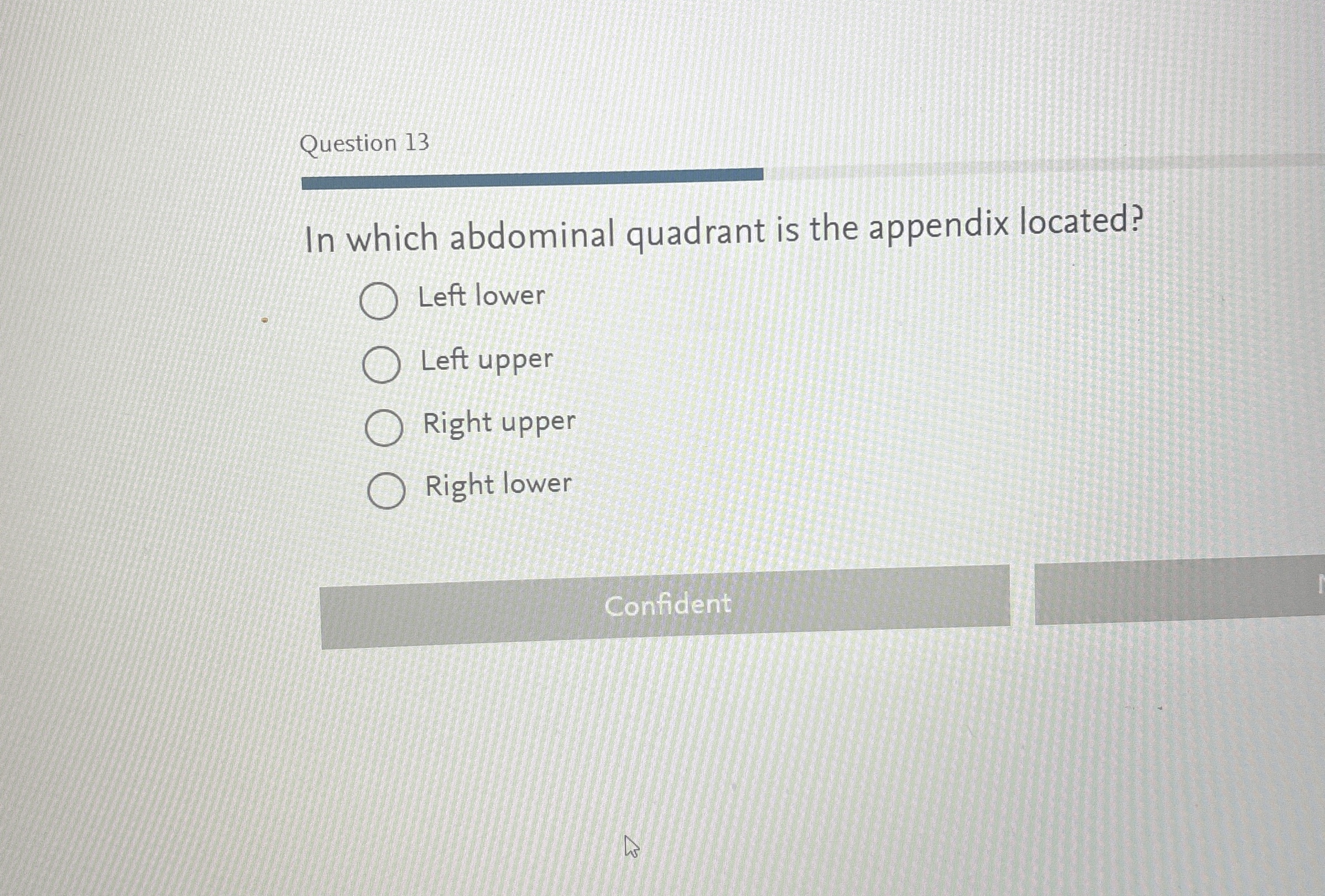 Solved Question 13In which abdominal quadrant is the | Chegg.com