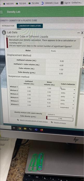 Solved I can't find the cube density please help me find it. | Chegg.com