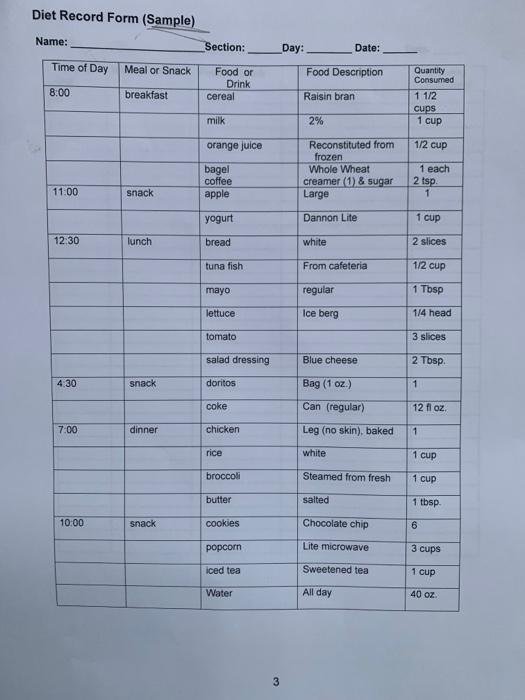 Diet Record Form (Sample) Name: Section: Day Date: | Chegg.com