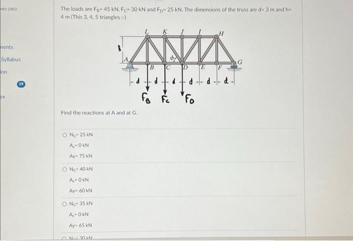 Solved The loads on the truss are : FE=32kN,FD=56kN,FC=40kN | Chegg.com