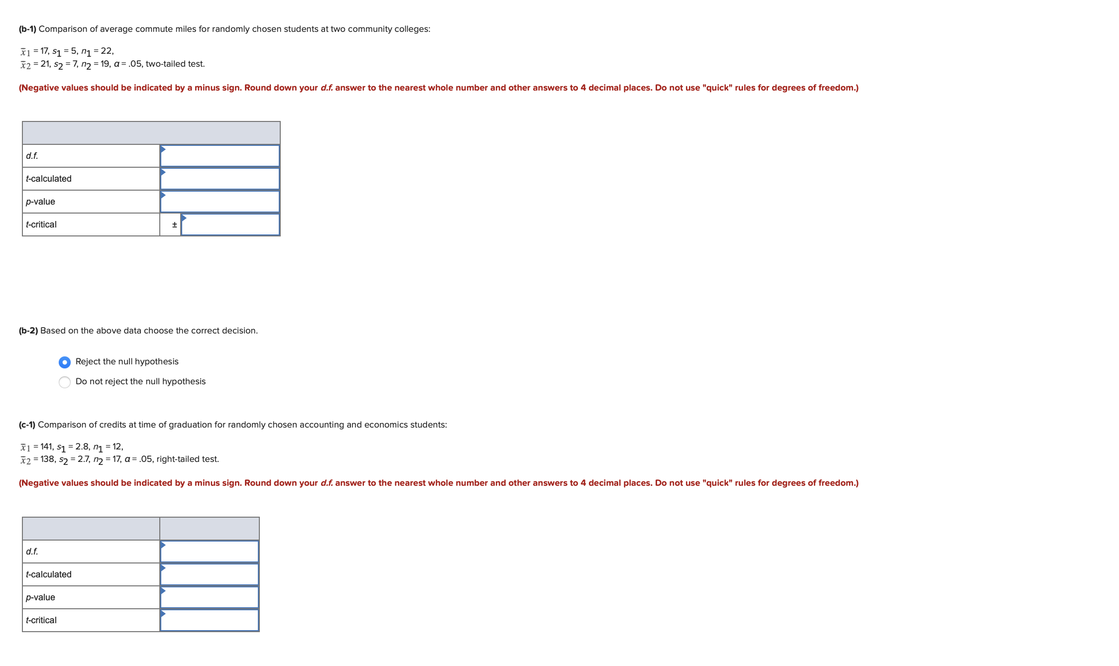 Solved (b-1) ﻿Comparison of average commute miles for | Chegg.com