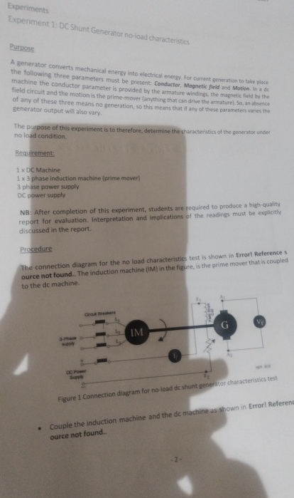 Solved ExperimentsExperiment 1 ﻿DCShunt Generator no-load | Chegg.com
