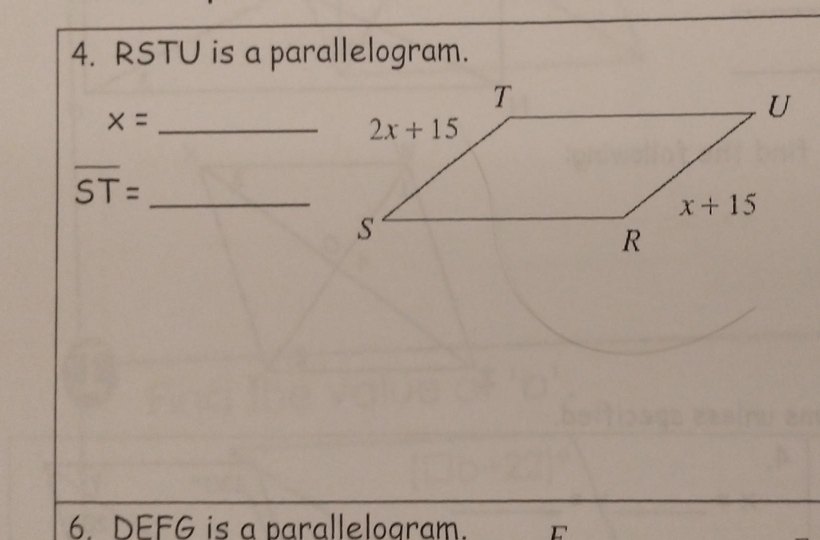 Solved 4. RSTU is a parallelogram. x= | Chegg.com