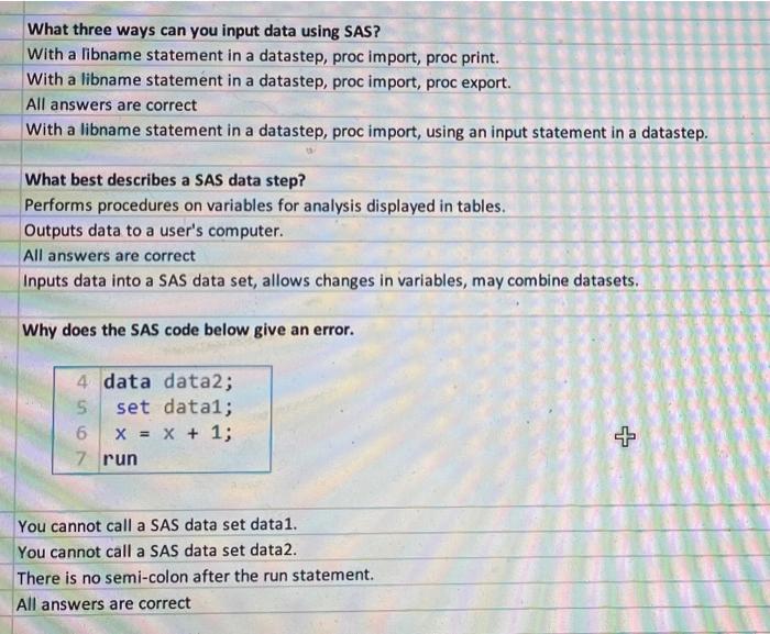 Solved What three ways can you input data using SAS? With a | Chegg.com