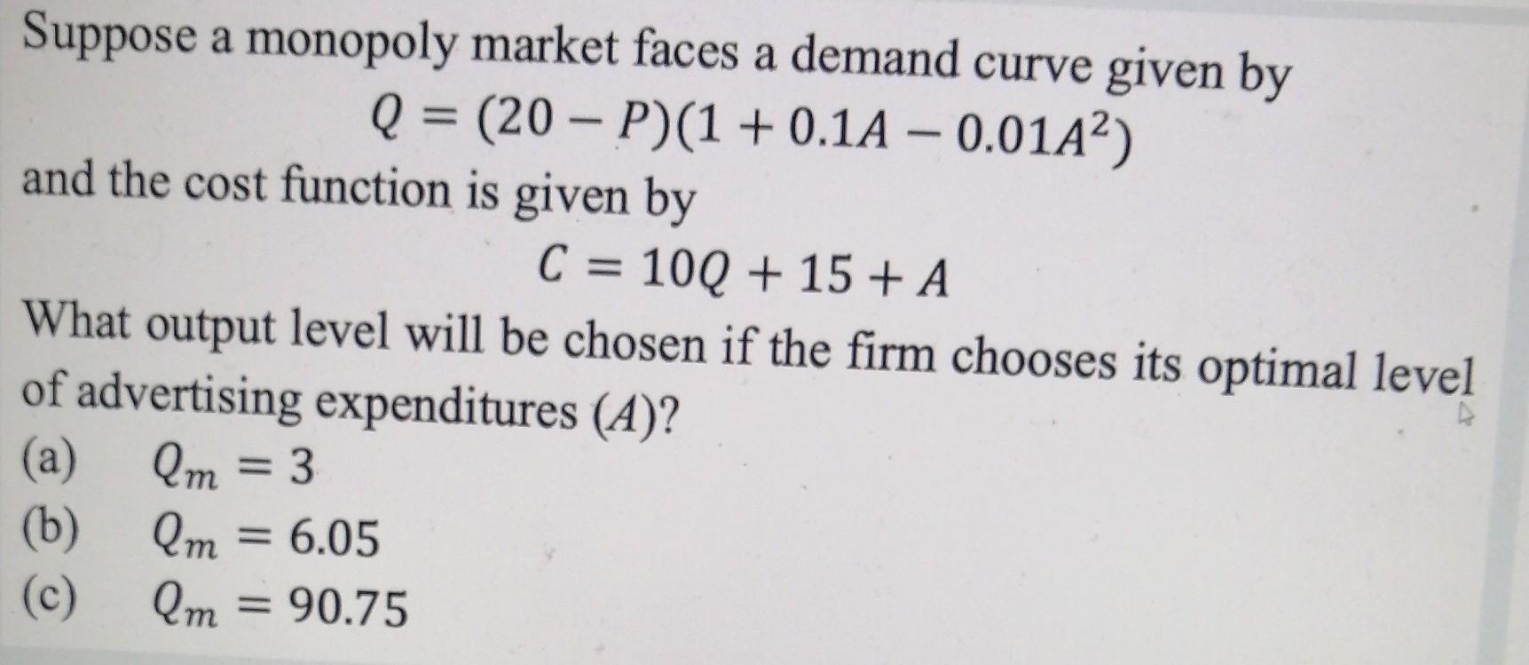 Solved a - Suppose a monopoly market faces a demand curve | Chegg.com