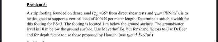 Solved A strip footing founded on dense sand (φp′=35∘ from | Chegg.com