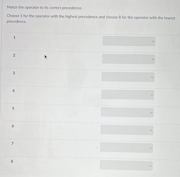 Match the operator to its correct precedence. Choose | Chegg.com