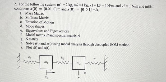 Solved 2. For the following system: m1=2 kg,m2=1 kg,k1=k3=4 | Chegg.com