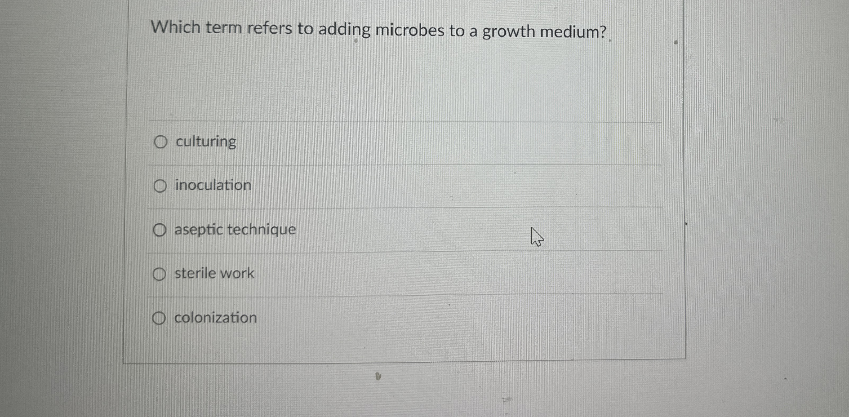 Solved Which term refers to adding microbes to a growth | Chegg.com