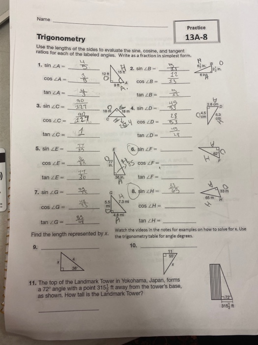 Solved Name Practice 13A-8 Trigonometry Use the lengths of | Chegg.com