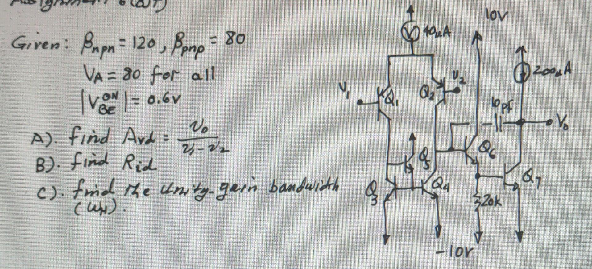 Solved A) find Avd=Vo/V1-V2 B) find Rid C) find the | Chegg.com