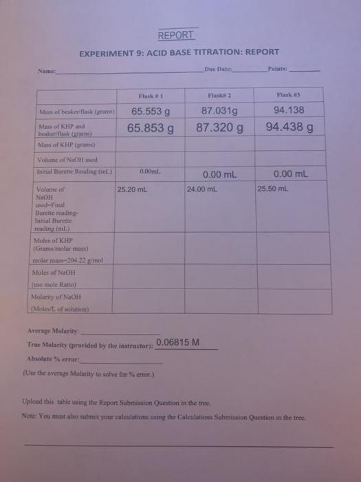 Solved REPORT EXPERIMENT 9: ACID BASE TITRATION: REPORT Name | Chegg.com